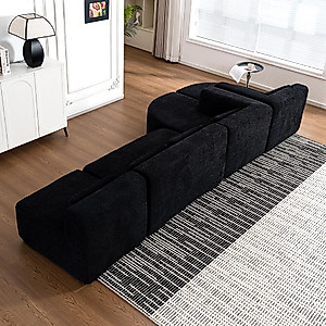 RuiSiSi 143.7" Modern Upholstered Sectional Sofa with 5 Back Pillows and 2 Chaise Lounge, Free-Combined Sofa Couch for Living Room Apartments, Black