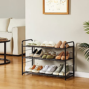LEGUANG 3-Tier Stackable Shoe Rack Storage Organizer, for Bedroom Closet, Entryway, Hallway, Expandable & Adjustable, Wire Grid, Black