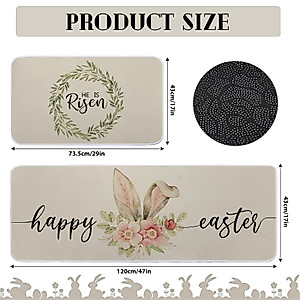 Riakrum 2 Pcs Easter Kitchen Rug Cute Bunny Ears Easter Doormat Seasonal Floral Easter Rug Non Slip Spring Mat for Kitchen Indoor Outdoor Yard Entrance Floor Garage Patio