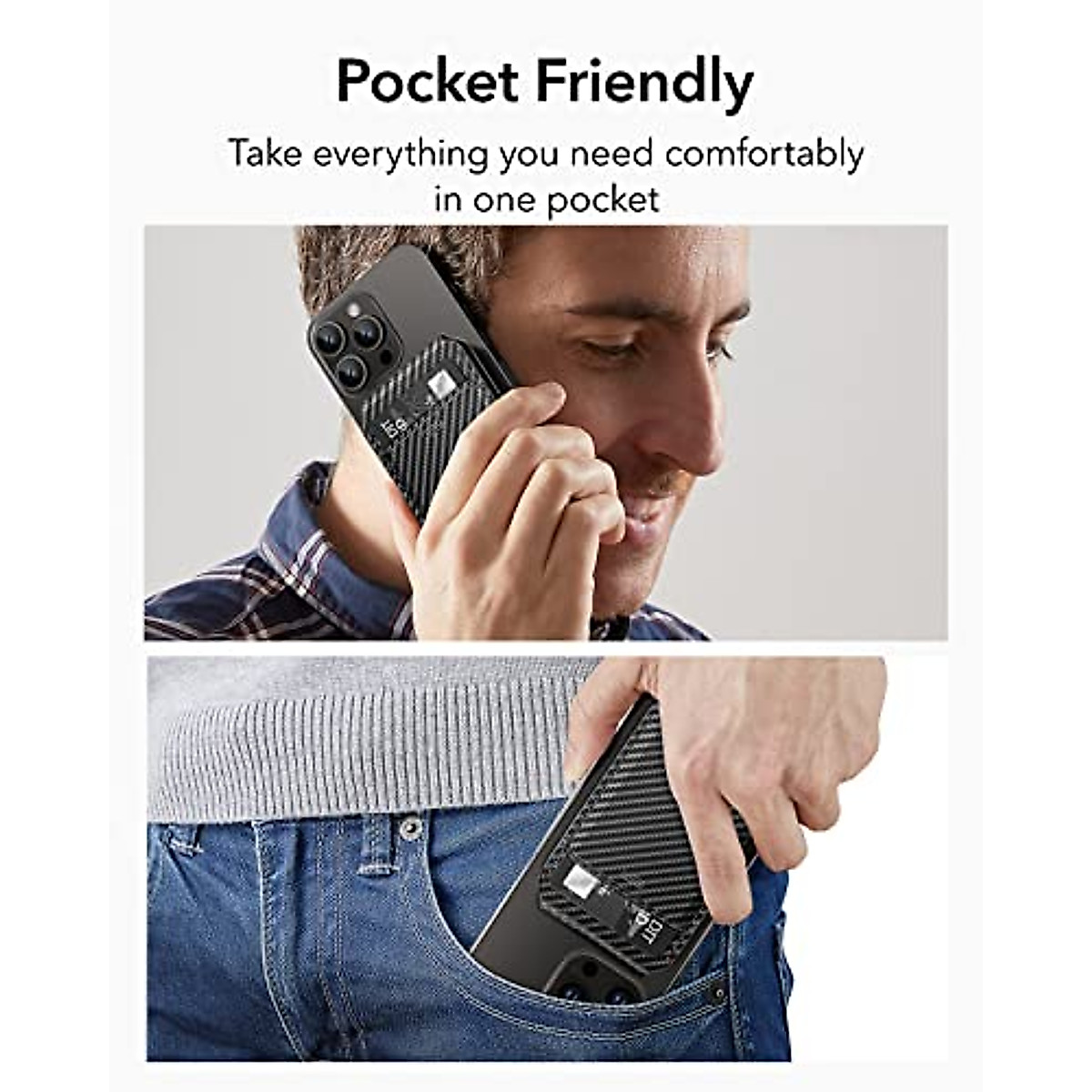 ESR Magnetic Wallet (HaloLock), Compatible with MagSafe Wallet, iPhone Wallet with Adjustable Stand for iPhone 15/14/13/12, Not for iPhone 13/12 Mini, 3 Card Holder, Vegan Leather, Black Carbon Fiber