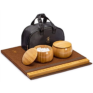 Yellow Mountain Imports Bamboo 0.8-Inch Etched Reversible 19x19 / 13x13 Go Game Set Board with Single Convex Melamine Stones and Bamboo Bowls Set - Classic Strategy Board Game (Baduk/Weiqi)