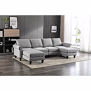 Olela U Shaped Modular Sectional Sofa for Living Room, Oversized Deep Seat Sofa Modern Linen Upholstered Sectional Couch with Chaise Lounge and Comfy Backrest (Light Gray)