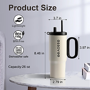 Essovee 26 oz Tumbler with Handle and Straw, Frosted Texture Insulated Stainless Steel Water Bottle with Lid, Keeps Cold/Hot Travel Coffee Mug with Straw Cover for Home Travel Office Use(White)
