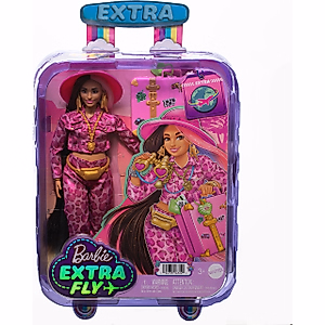 Barbie Extra Fly Travel Doll, Safari Look with Colorful Hair, Pink Camo Outfit, Golden Boots & Accessories