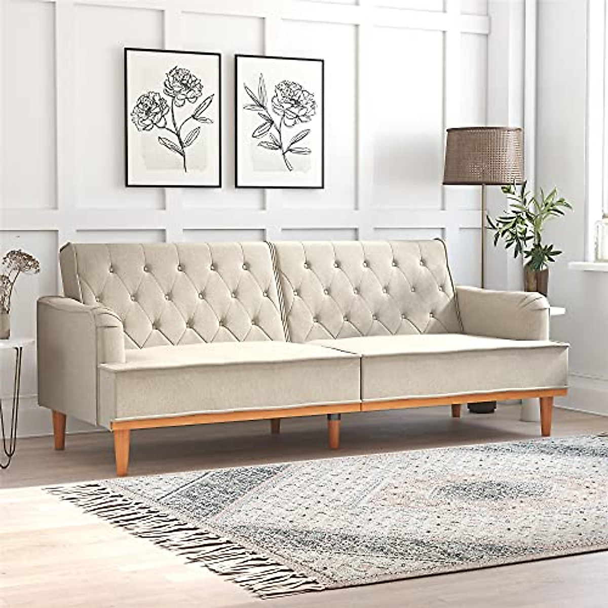 Mr. Kate Stella 80 Inch Futon Sofa Bed, Modern Upholstered Couch Sleeper with Button Tufted Back and Wood Trim, Tan