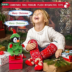 ACETOP LED Musical Christmas Tree Penguin Stuffed Animal Repeats What You Say Light up Soft Plush Toy Singing Dancing Talking Record Mimicking Twisting Interactive Animated Dolls Decoration Xmas Gifts