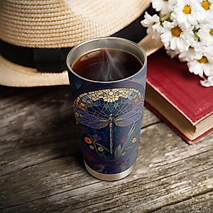 ORCAE 20oz Blue Purple Stained Glass Dragonfly Tumbler, Gifts for Dragonfly Lovers, Coffee Thermos for Women, Stainless Steel Double Wall Vacuum Insulated Coffee Mug, Travel Cup with Lid - G