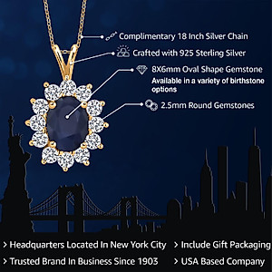Gem Stone King 2.39 Cttw 18K Yellow Gold Plated Silver Blue Sapphire and White Zirconia Pendant Necklace For Women | Gemstone September Birthstone | Oval 8X6MM | With 18 Inch Chain