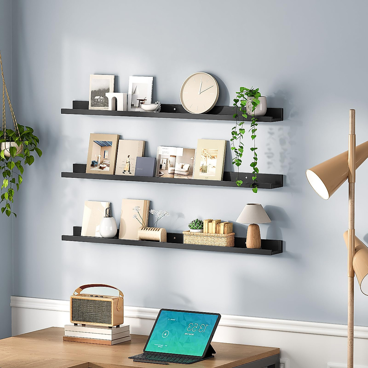 HOOBRO Floating Shelves, Wall Shelf Set of 3, 35.4 Inches Hanging Shelf with Raised Edge and Invisible Brackets, for Bathroom, Bedroom, Kitchen, Office, Living Room Decor, Black BK90BJ01