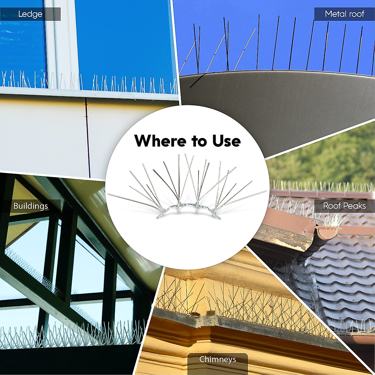 Pestless Upgraded Bird Spikes 10 Pack - 12-Inch Deterrent, 5 Spikes, Wide Coverage, Adjustable Strip Length - Stainless Steel Repeller Against Pigeons, Squirrels, Animals - Easy Mounting