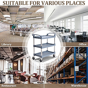 BRLJUNEO Plastic Utility Carts with Wheels, 3-Tier Medium Size Restaurant Food Cart, Heavy Duty 510lbs Capacity Rolling Service Cart w/Hammer for Commercial, Kitchen, Office (Lockable Wheels, M-Grey)
