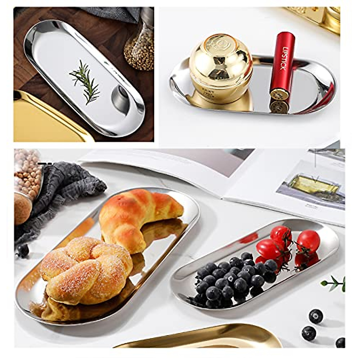 1 Pcs 9 Inch x 3.8 Inch Trinket Tray, Silver Stainless Steel, for Serving Trays Towel Storage Dish Plate Tea Fruit Trays Cosmetics Jewelry Plate Decorative Storage Tray