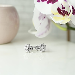 Timeless Love 1/10 CT Diamond Stud Earrings Set in Polished Sterling Silver, Flower Shaped 0.34"x0.32" Earrings, Dainty Jewelry for Women, Women’s Fashion Earrings