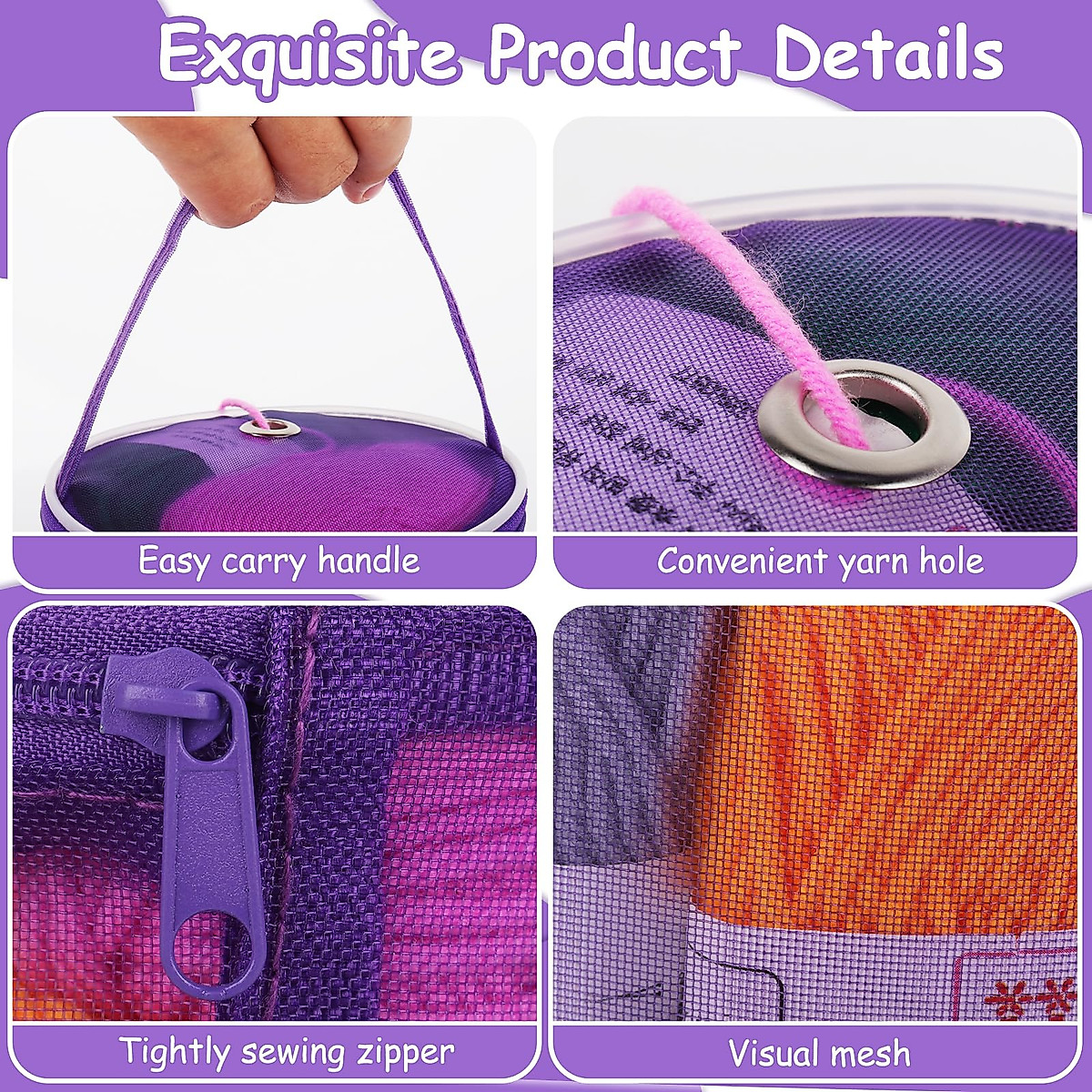 Katech Yarn Storage Case Empty Small Round Mesh Storage Bag Portable Knitting Yarn Balls Organizer Basket Crochet Thread Sewing Accessories Storage Tote Bags (Purple)