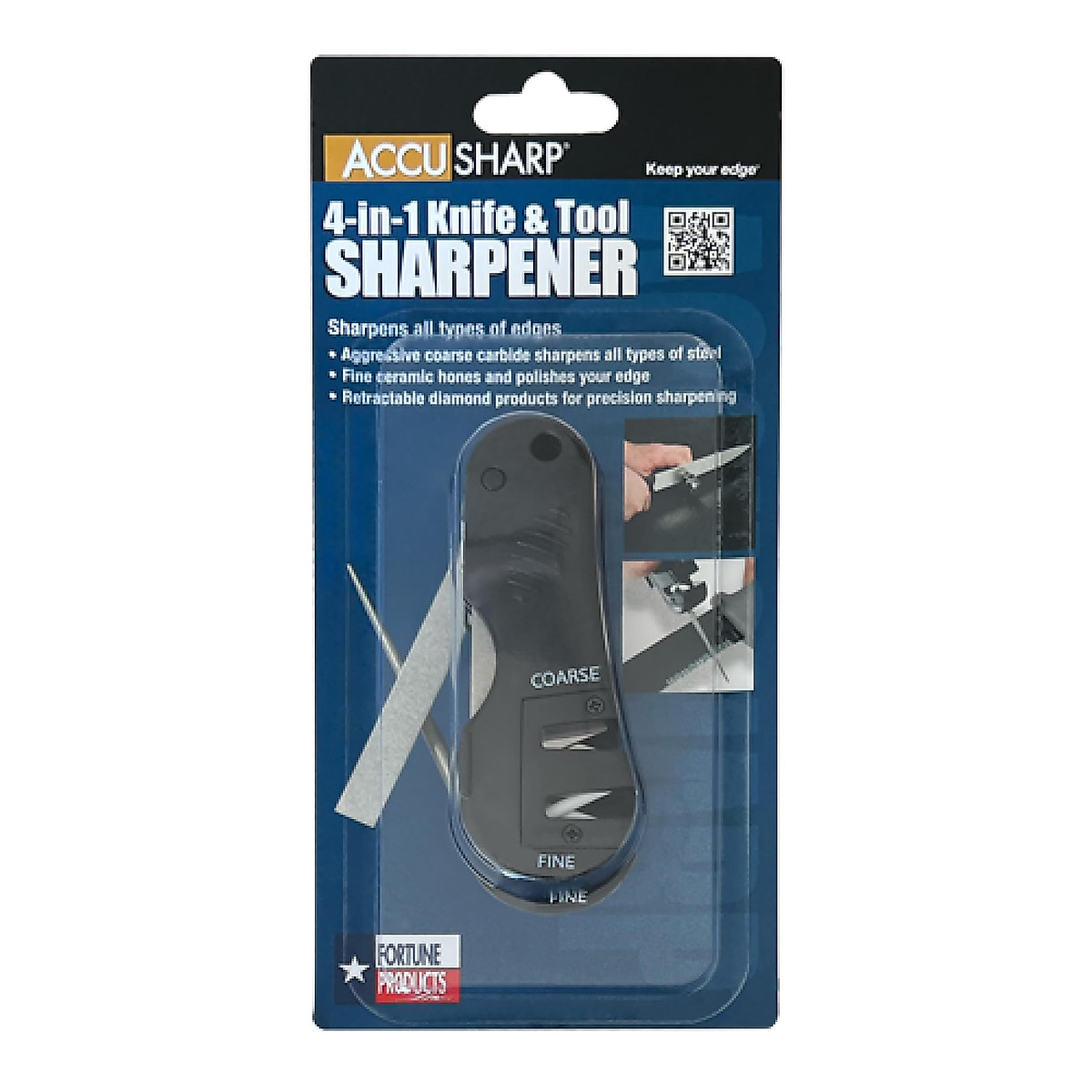 AccuSharp 4-in-1 Knife & Tool Sharpener, Coarse Tungsten Carbide Sharpening Blade & Ceramic Rod with Retractable Diamond-Tapered Rod for Knives, Fish Hooks & Tools, Black