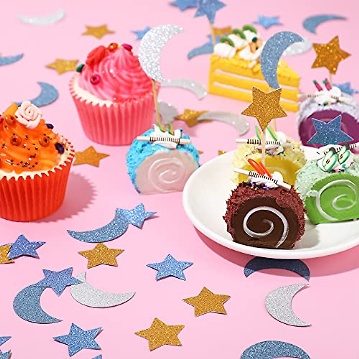 400 Pieces Glitter Star and Moon Paper Confetti Double Side Table Paper Confetti Sequin for Wedding Birthday Baby Shower Moon and Star Party Ramadan Mubarak Decor (Dark Blue, Light Blue, Gold, Silver)