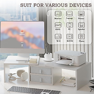 TEAMIX Dual Monitor Stand Riser with 2 Drawers - Length and Angle Adjustable White Monitor Stand with Storage Large Computer Riser for 2 Monitors/Laptop/PC, Wood Screen/TV Stand Desk Organizer