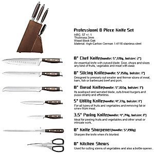 Grifucher Premium 8 Piece German High Carbon Stainless Steel Kitchen Knives Set with Rubber Wood Block, Professional Double Forged Full Tang Chef