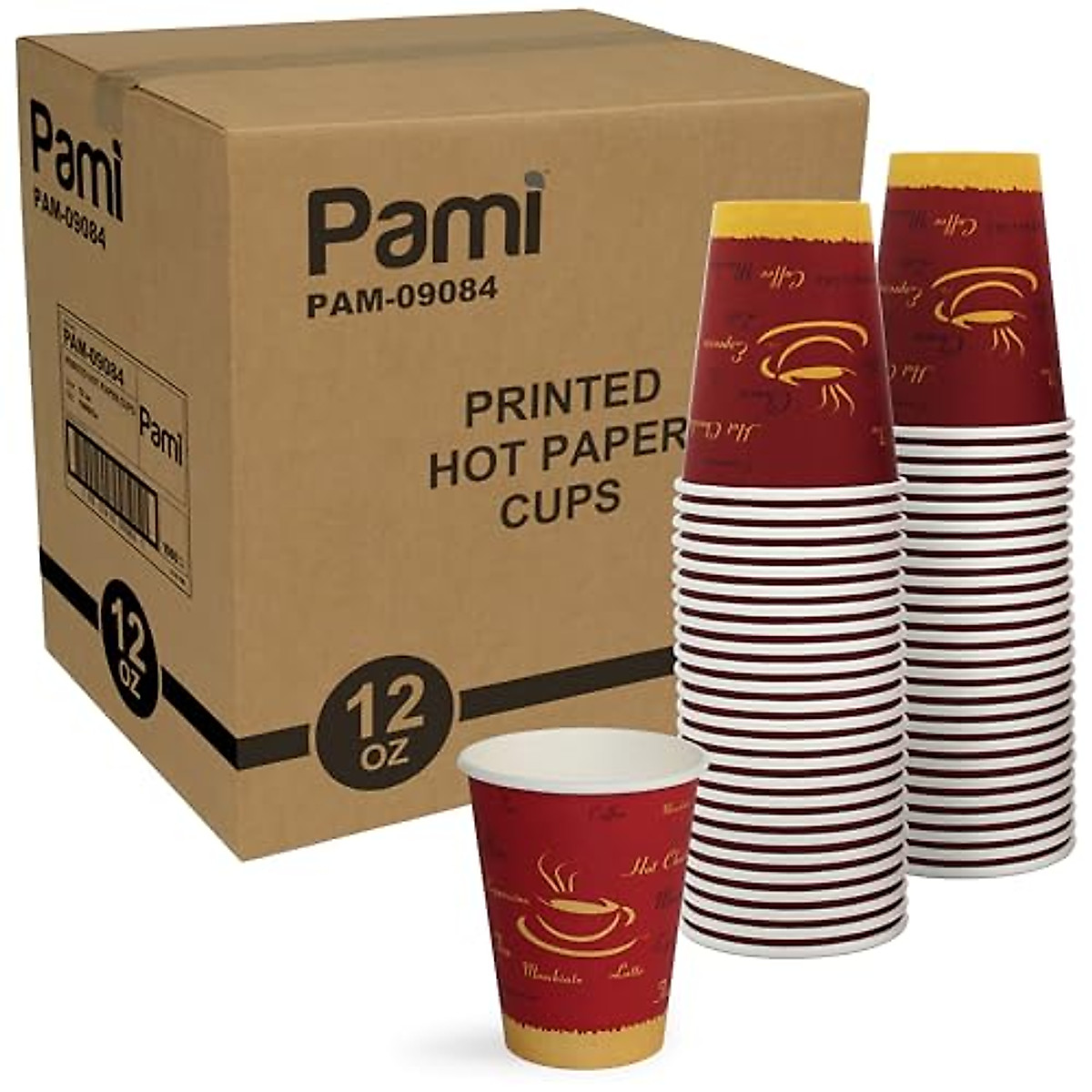 PAMI Hot Coffee Paper Cups -Disposable Take-Away Coffee Cups For Hot Drinks- Single-Use Paper Glasses For Espresso, Hot Chocolate, Tea- Cute To-Go Hot Beverage Drinking Cups (1000, 12oz)