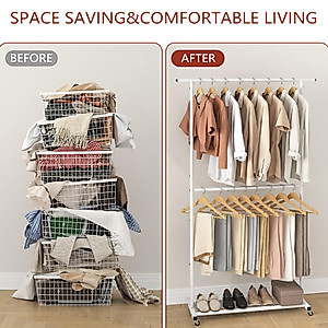 Sywhitta Double Rod Clothing Garment Rack, Rolling Coat Hanger with Bottom Mesh, Clothing Rack for Hanging Clothes, Coats, Skirts, Sweaters, White