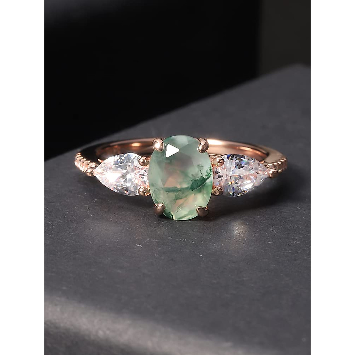 Gem's Beauty Gifts for Her 1.19CT Natural Moss Agate Rose Gold Engagement Ring Sterling Silver Women's Gold Rings Moss Agate Jewelry(Size7)