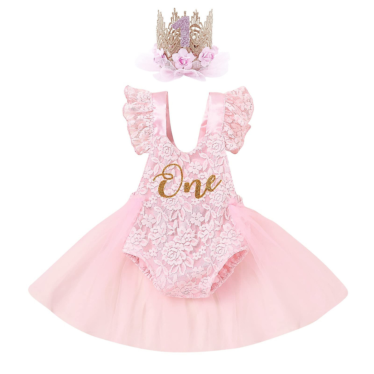 Baby Girl First Birthday Outfit Lace Tulle Romper Princess Tutu Dress One Year Old Birthday Cake Smash Photography Clothes Pink +Crown 12-18 Months
