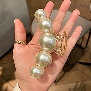 Large Pearl Hair Claw Clips Strong Hold Hair Jaw Clips Nonslip Champagne Color Claw Clips for Hair Daily Birthday Wedding Fashion Hair Clips Accessories for Women Thick/Thin Hair
