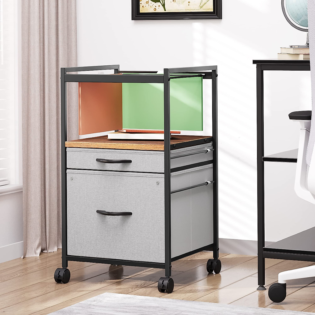 YITAHOME 2 Drawer Mobile File Cabinet, Vertical Fabric File Cabinet with Open Storage Shelf, Rolling Printer Stand for Home Office, Fits A4/Letter Size (Grey)