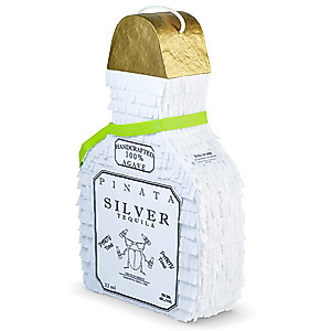 White Tequila Bottle Piñata with Stick - 17.5" x 10.5" x 3.5" Perfect for Party Decorations, Photo Prop, Birthday, Funny Anniversary, 21 birthday - Fits candy/favors