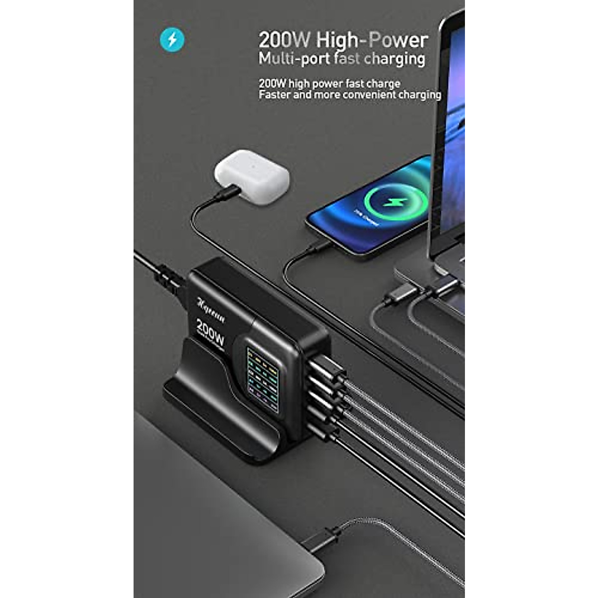 Hqeeun 200W USB C Charger GaN Chargers, 5 Ports Desktop Fast Charging Station with LCD Display, PD 100W PPS 45W QC 22.5W Power Adapter Compatible for iPhone,Samsung Galaxy,iPad,MacBook,Pixel