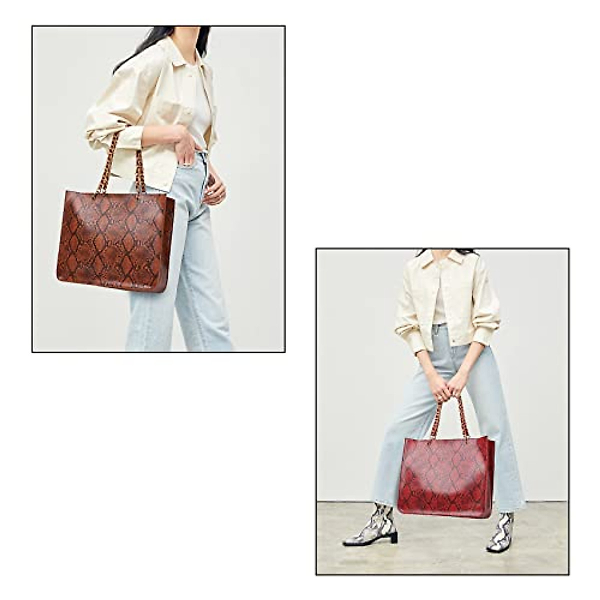 Oichy Leather Tote Bag for Women Large Purses and Handbags Snakeskin Pattern Shoulder Bag Ladies Purse with Chain Strap (Red)