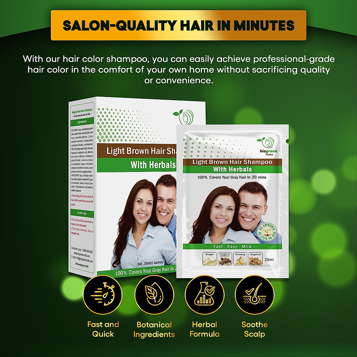BIOGREEN ROOTS Ammonia-Free Herbal Hair Shampoo - Effectively Covers Gray Hair for Men and Women - Natural Color and Herbal Nourishment - No Stain on Skin - Light Brown (5 sachets x 25 ml)