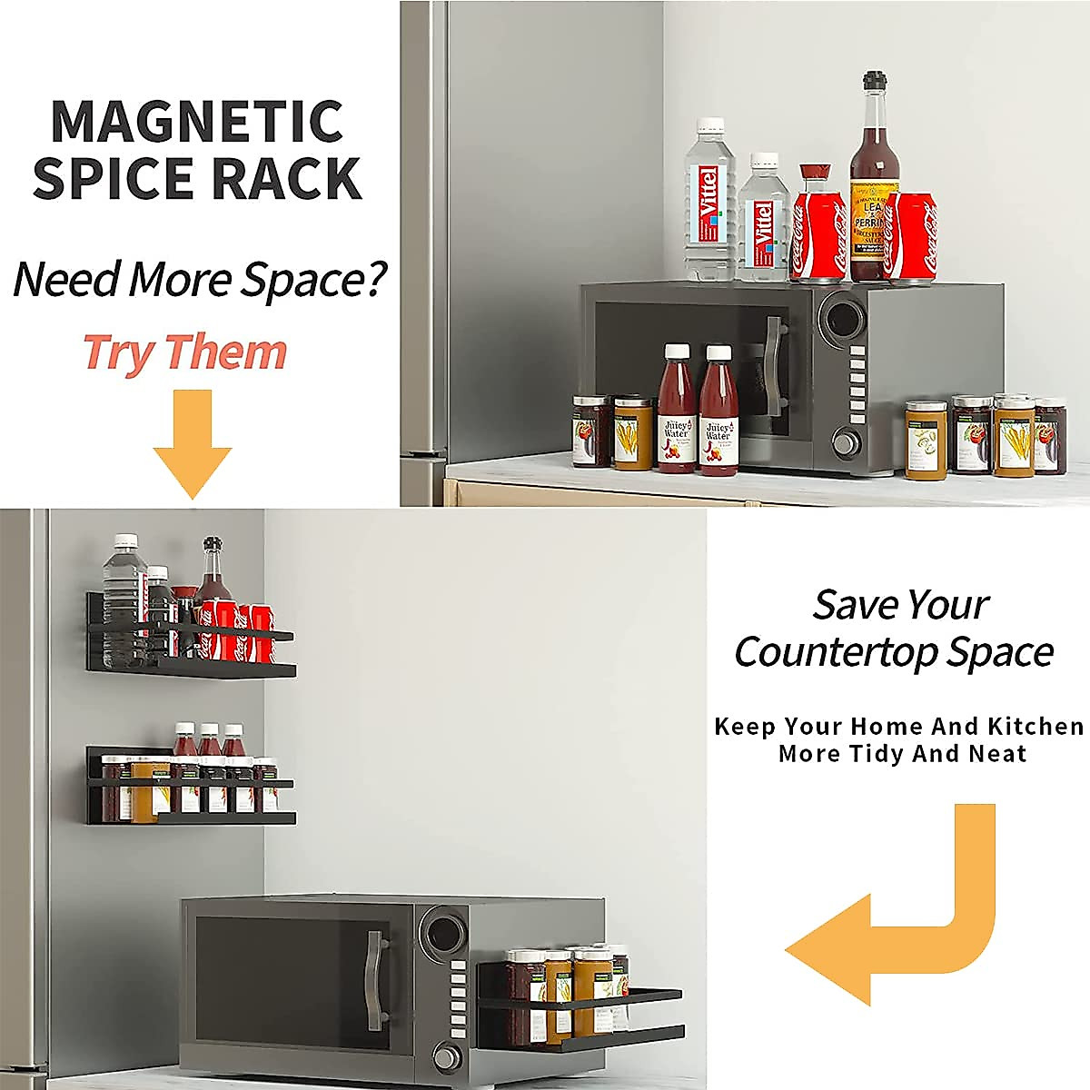Aitmexcn Magnetic Spice Rack Shelf for Refrigerator & Stove, Moveable Fridge Strong Magnetic Shelf Spice Organizer, Perfect Space Saver for Small Kitchen - 2 Pack With 4 Hooks