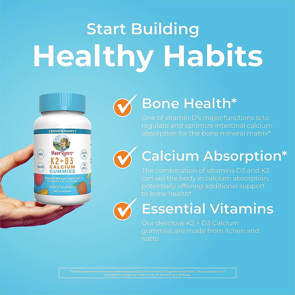 MaryRuth Organics Calcium with Vitamin D & Vitamin K2, 2 Month Supply, Calcium Supplement Supports Bone Health & Joint Support, with Vitamins D3 K2 Gummies, Vegan, Non-GMO, Gluten Free, 60 Count