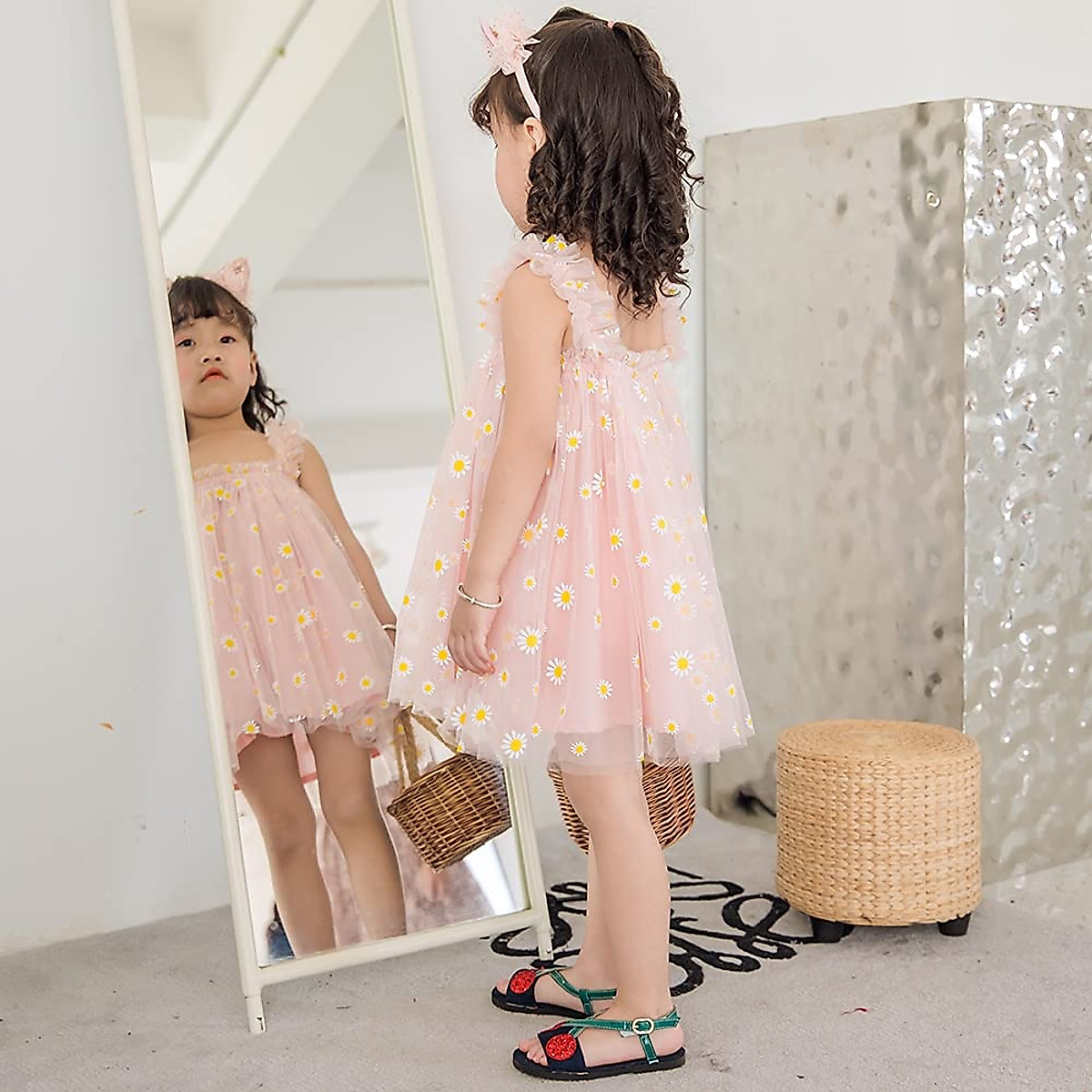 AGQT Baby Girls Daisy Tutu Dress Sleeveless Tulle Tutu Dress Princess Birthday Party Dresses Babydoll Pink Daisy-Lace Size 12-18 Months