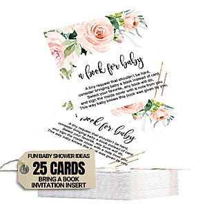 Graceful Floral Books for Baby Shower Cards - 25 Pack - Invitation Inserts for Girls - Bring a Book Instead of Cards Poem - Cute Storybook Theme Ideas