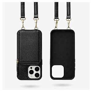 ZVE for iPhone 15 Pro Wallet Case (6.1 inch), Crossbody Phone Purse with Card Holder for Women, Zipper Leather RFID Blocking Carrying Cover with Wrist Strap for iPhone 15 Pro- Black