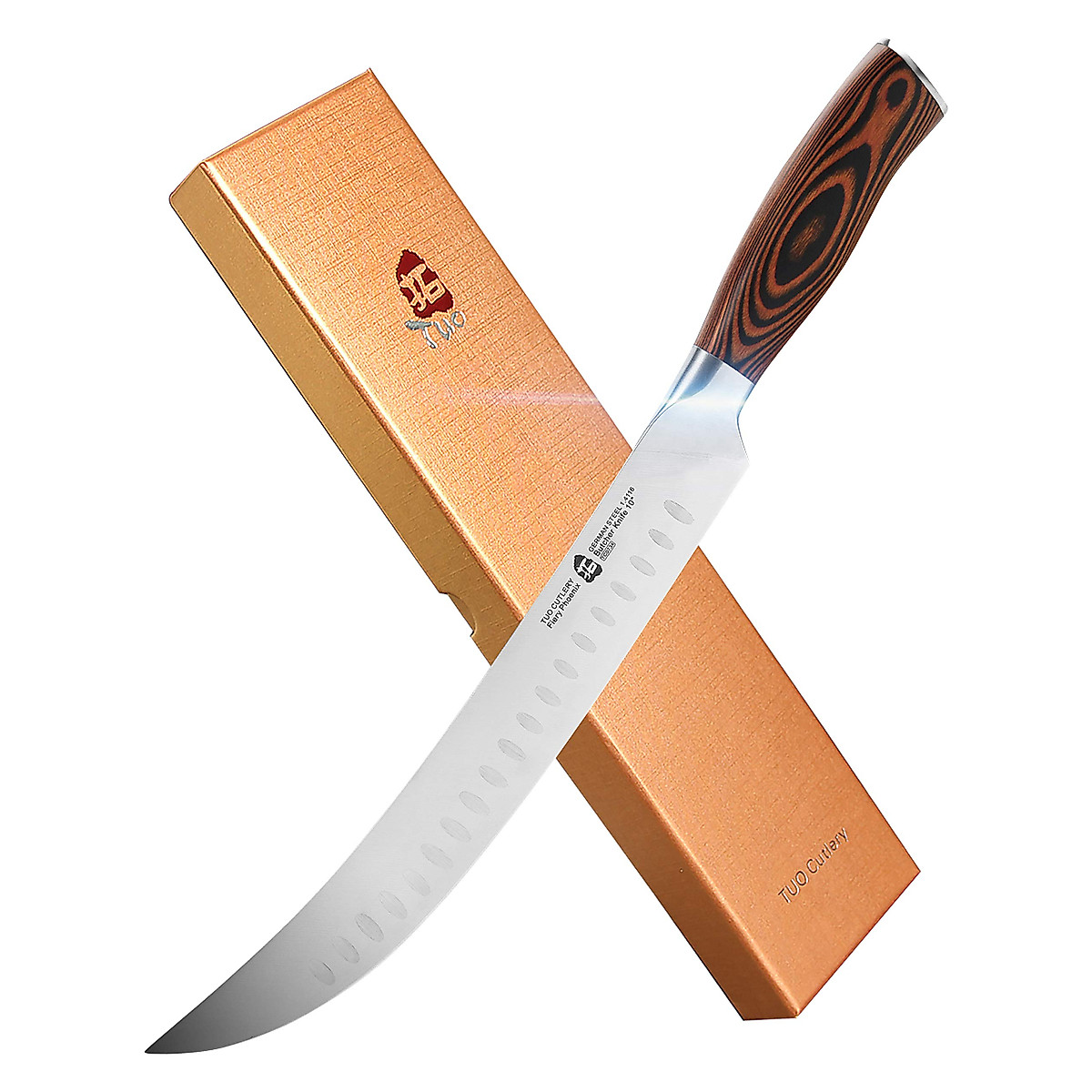 TUO Cimitar Butcher Knife - 10 inch Breaking Cimitar Knives Curved Slicing Carving Knife Pro Meat Cleaver Chopping Knife - German HC Steel Full Tang Pakkawood handle - Fiery Series Gift Box Included