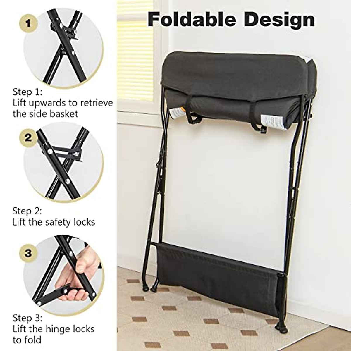 INFANS Baby Changing Table, Folding Diaper Station Portable Nursery Organizer with Safety Belt and Large Storage Racks for Newborn Baby and Infant (Black)