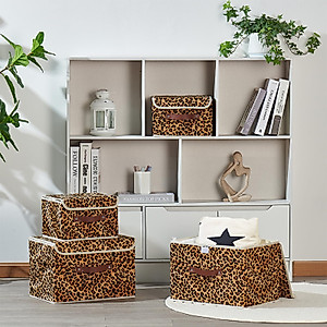 VinneGenzz Storage Bin with Lid Leopard Print Cute Velvet Fabric Storage Basket Box Faux Leather Handles PP Plastic Board Foldable Washable Lidded Closet Shelf Organizer Container (Small Size)