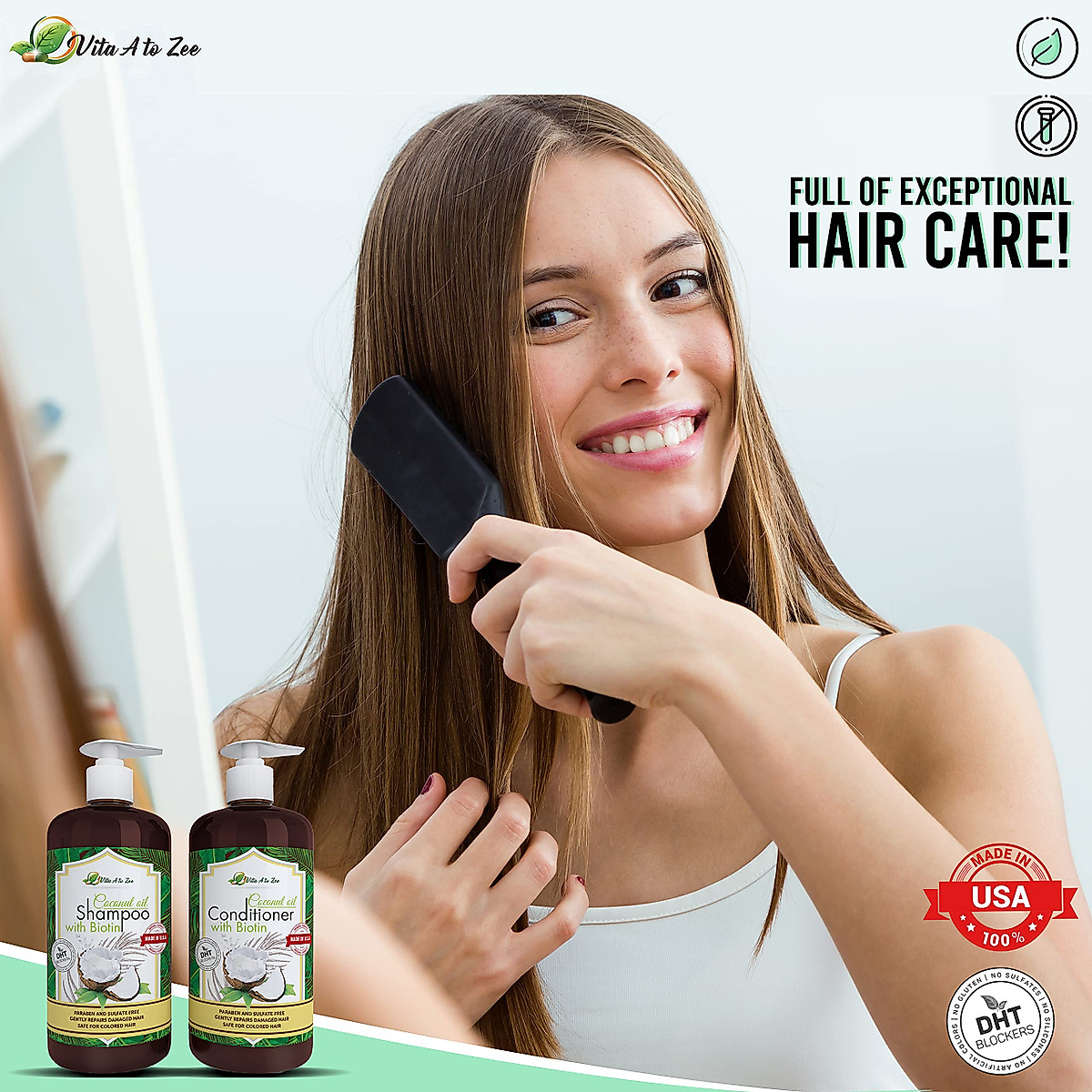 Vita A to Zee Coconut Oil Shampoo & Conditioner with Biotin, Aloe Vera (2 x 16.9 Fl Oz) – Hair Regrowth Shampoo Conditioner for Dry, Frizzy & Coarse Hair - Hydrating & Flyaway Taming Hair & Scalp Care