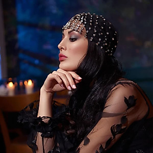 STONEFANS 1920s Crystal Flapper Headpiece Cap for women Bridal Rhinestone Mesh Headband Cleopatra Costume Hair Accessories (Silver)