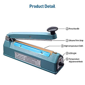 8 inch 200mm Impulse Bag Sealer, Manual Bag Sealer Heat Seal Closer, Adjustable Timer Electric Heat Seal Closer Packaging Sealer with 2 Free Replacement Kit, Blue