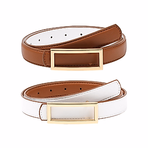 AWAYTR Women Reversible Leather Belt - Two-in-One Women Fashion Skinny Belt for Jeans with Golden Buckle (Brown/White,100cm)