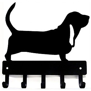 The Metal Peddler Basset Hound Key Holder & Leash Hanger for Wall - Large 9 inch Wide with 5 Hooks - Made in USA