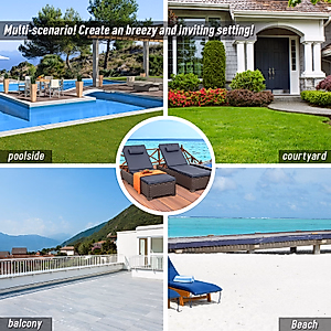 Rattan Star Outdoor Chaise Lounge Set of 2 Brown Wicker Patio Chaise Lounge Chairs Pool Lounge Chairs Multi-Angle Adjustable Backrest with Blue Cushions and Headrest