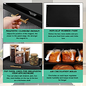 Joyvilla Double Layer Bamboo Bread Box for Kitchen Countertop, Bread Storage Container, Black Bread Box with Window, Large Capacity