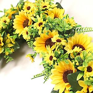 MGQ Artificial Sunflower Swag,27.6 Inch Rustic Artificial Floral Swag Decorative Swag with Sunflowers Green Leaves,Wedding Arch Flowers,Handmade Garland,Front Door Hanging Wreath for Home Garden Decor