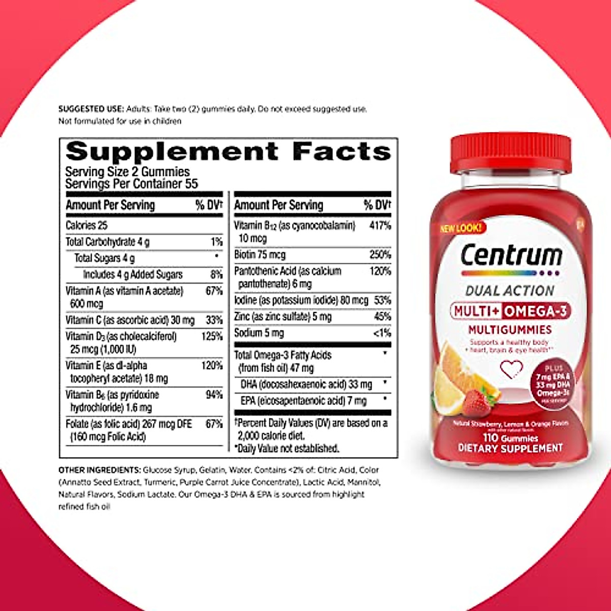 Centrum MultiGummies Multi+ Omega 3 Dual Action, Adult Multivitamin, Multivitamin/Multimineral/Omega 3 Supplement, Strawberry/Lemon/Orange Flavors - 110 Count