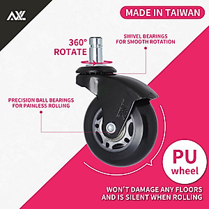 AXL 2.5 Inch Office Chair Caster Wheels Replacement, PU Style Caster, Desk Chair Floor Protector, No Noise, Heavy Duty Casters for Hardwood Floors (Set of 5) (Black Feet, Grey/Black)
